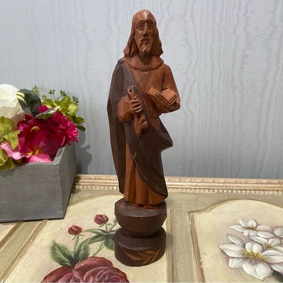 Hand Crafted | Art | Vintage Rustic Wood Carving Saint With Bible ...
